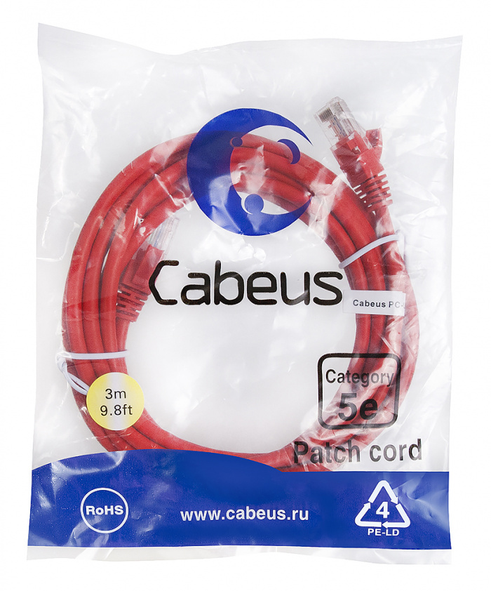 Cabeus PC-UTP-RJ45-Cat.5e-3m-RD-LSZH|Патч-корд медный U/UTP кат.5е (3м ...